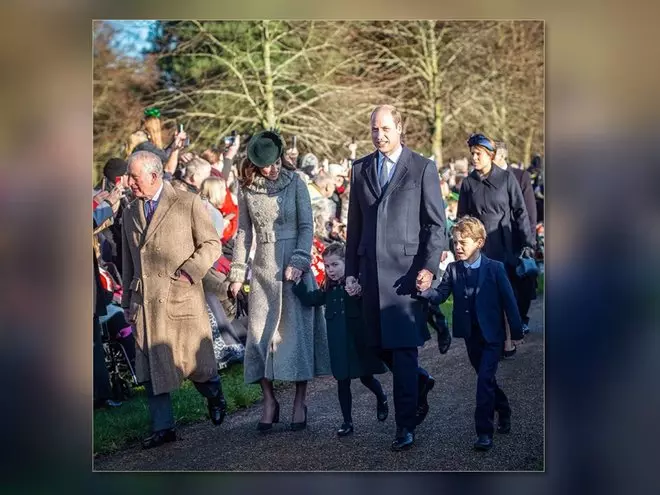 Prince Charles Charles, Prince William, Kate Middleton, Prince Middewon, Prince George ແລະ Princess Charlotte ໃນການໄຫວ້ວັນຄຣິດສະມາດ 2019
