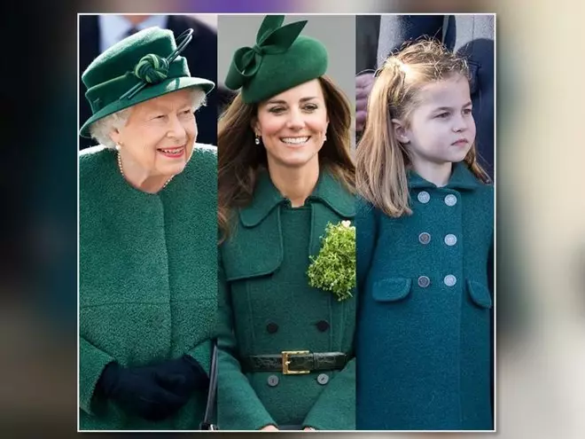 Keninginne Elizabeth 2, Kate Middleton en Prinsesse Charlotte yn griene outfits