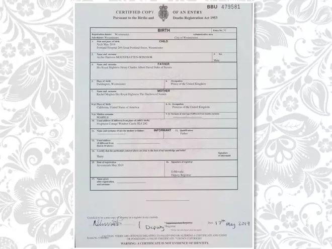 Certificado de nacemento do Fillo do Príncipe Harry e Megan Markle